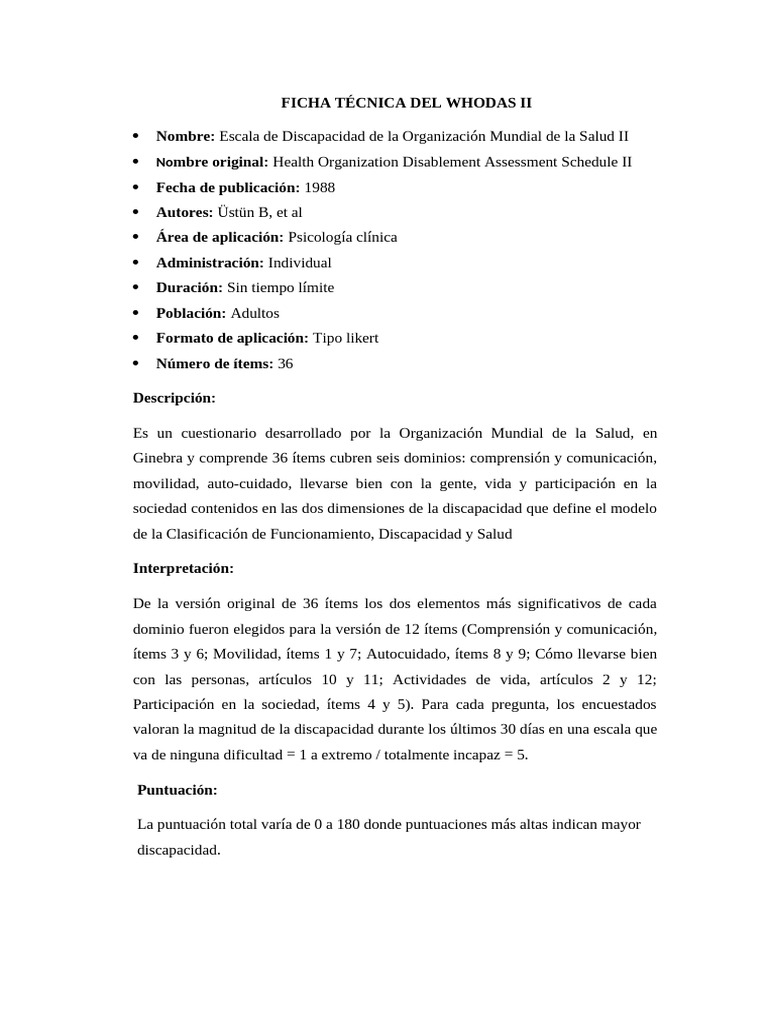 Ficha Técnica Whodas | PDF | Validez (Estadísticas) | Escala Likert