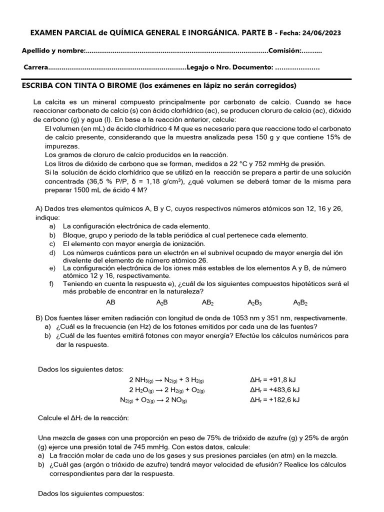 Examen Parcial de Química General e Inorgánica | PDF | Cloruro | Ácido