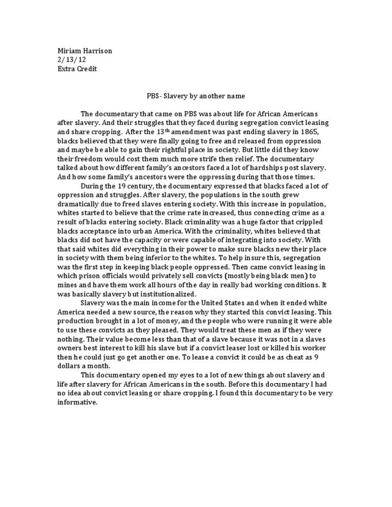 Pbs Slavery By Another Name EXTRA CREDIT PDF Slavery Racial