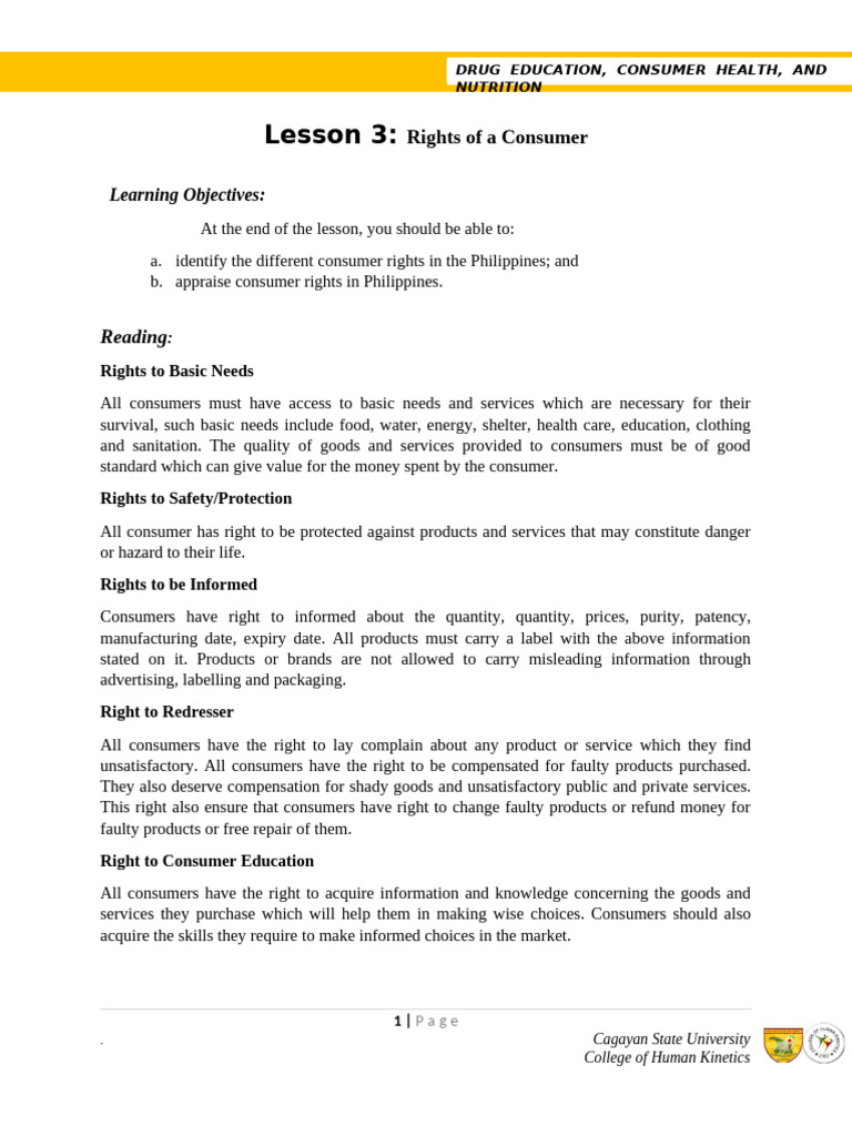 Lesson 3 Rights of A Consumer | PDF | Economies