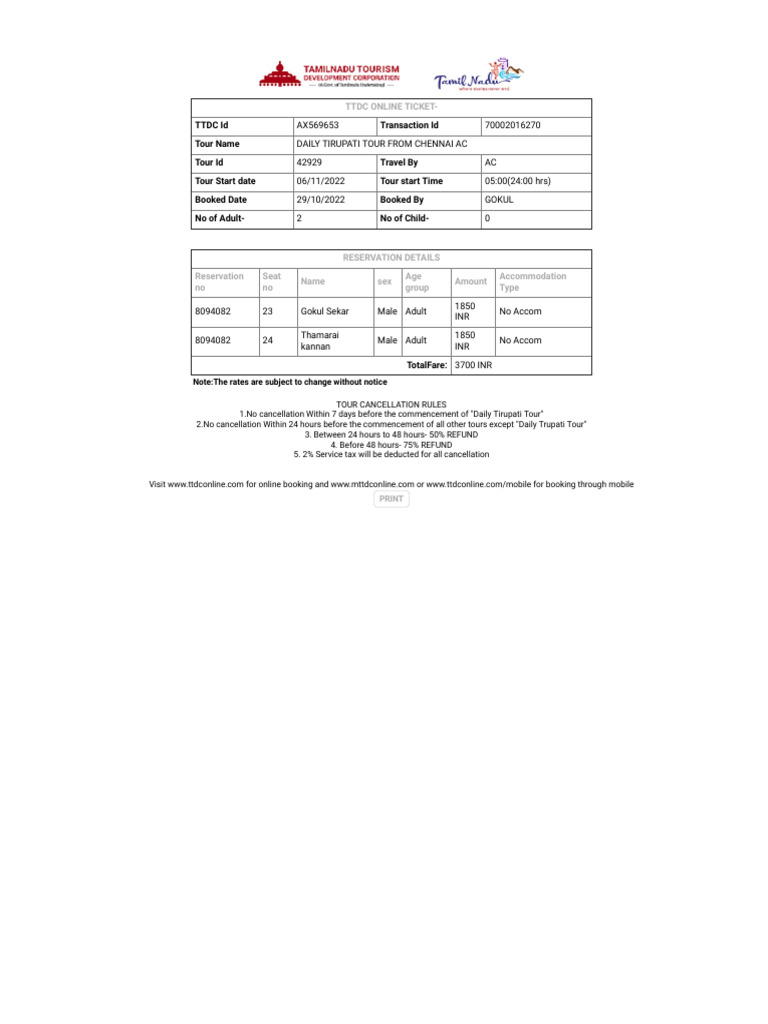 ___TTDC ONLINE-TamilNadu Tourism Development-E TICKET | PDF