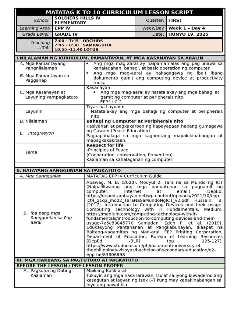 LE-EPP-IV-Q1-W1-D4 - Bahagi at Gamit NG Ccomputer at Peripherals) | PDF