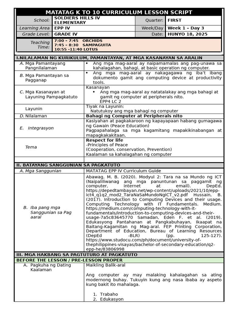 LE-EPP-IV-Q1-W1-D3 - Bahagi at Gamit NG Ccomputer at Peripherals) | PDF
