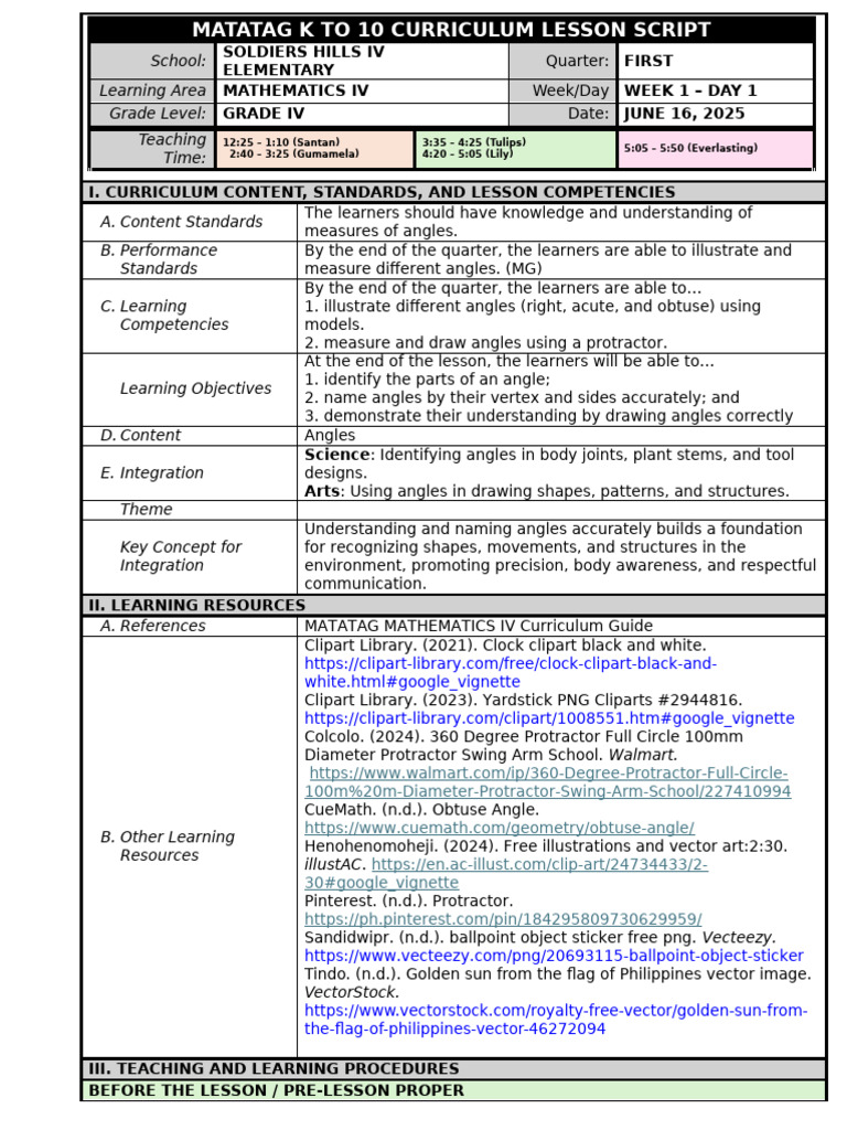 Le - Math IV - q1 - w1 - d1 - Naming Angles | PDF | Learning | Angle