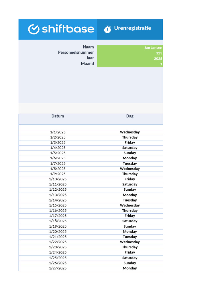 Shiftbase NL - Urenregistratie Template | PDF