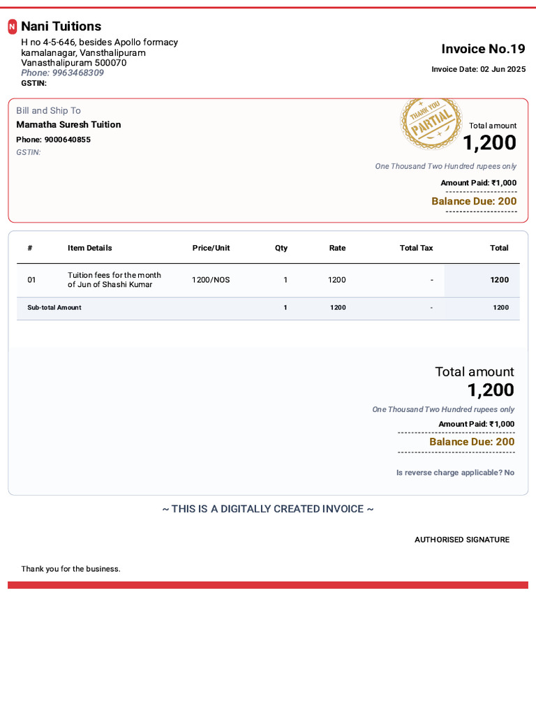 Suresh Academy Tuition Fees Invoice | PDF | Payments | Services (Economics)