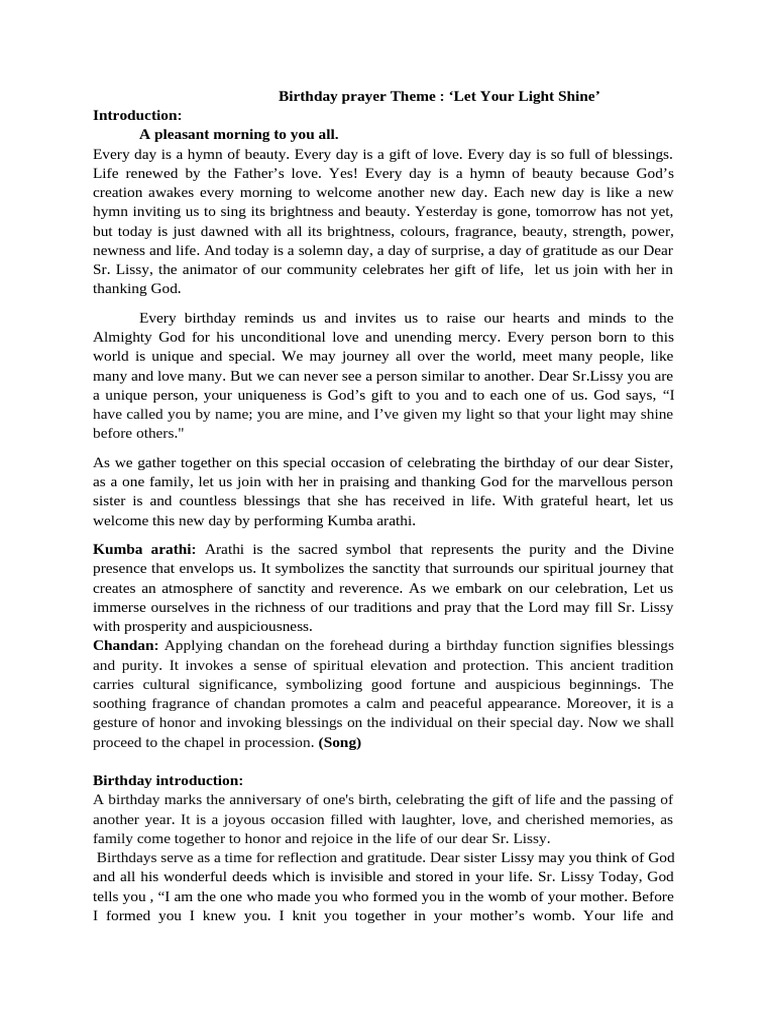 Birthday Prayer for Sr. Lissy's Celebration | PDF