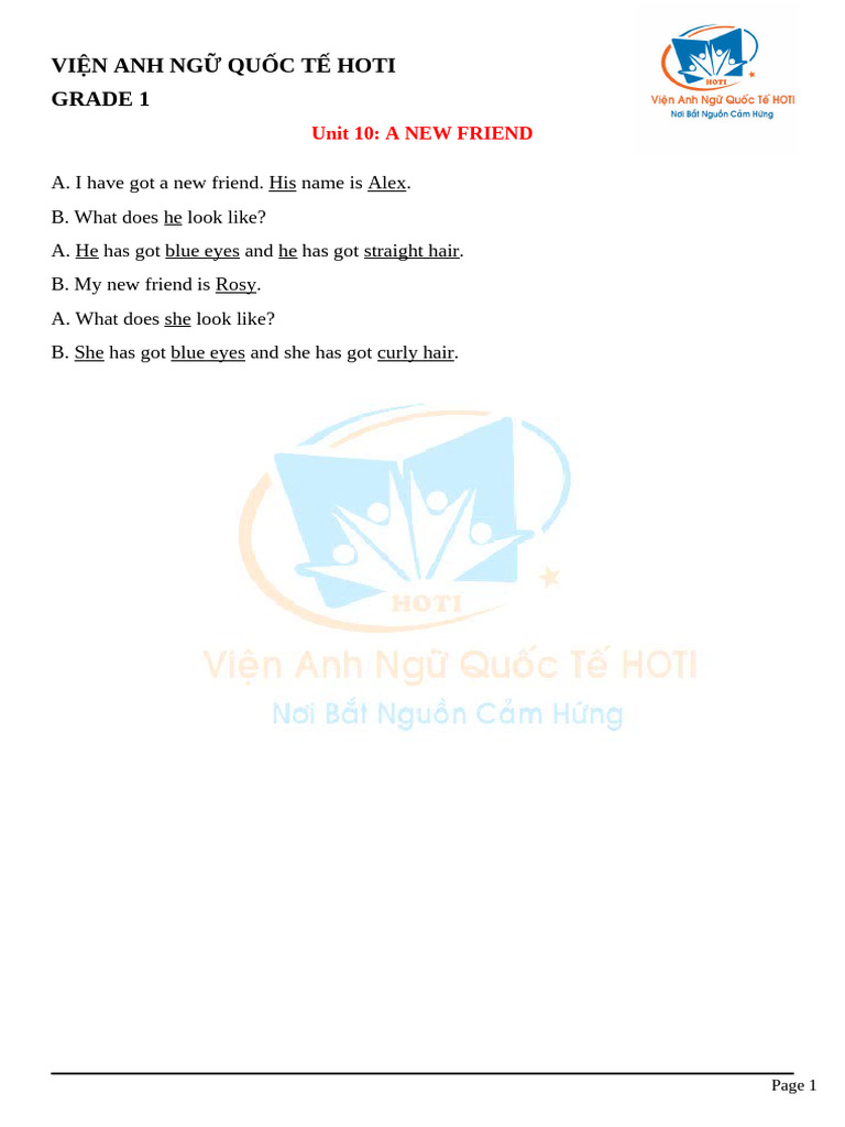 Grade 1 Unit 10: A New Friend | PDF