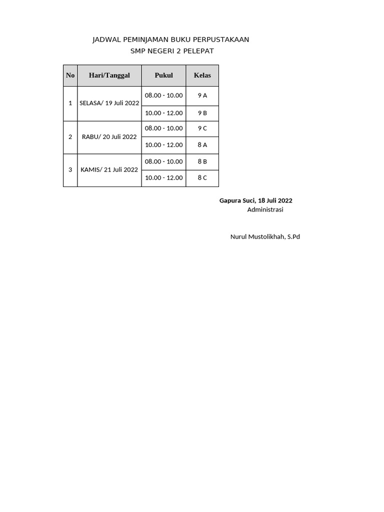 Jadwal Peminjaman Buku Perpus | PDF