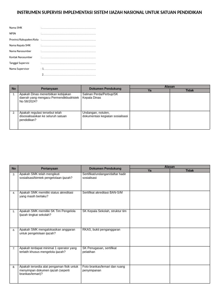 Instrumen Supervisi Implementasi Sistem Ijazah Nasional Untuk Satuan Pendidikan | PDF