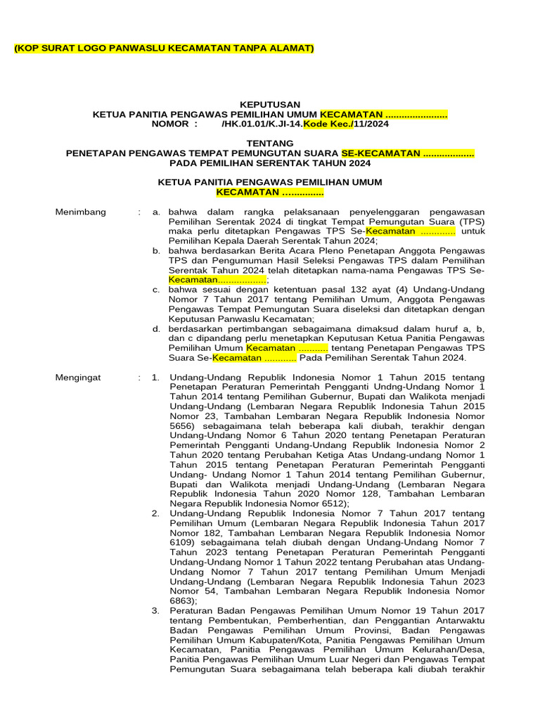 Draft SK Ptps - Pemilihan 2024 | PDF