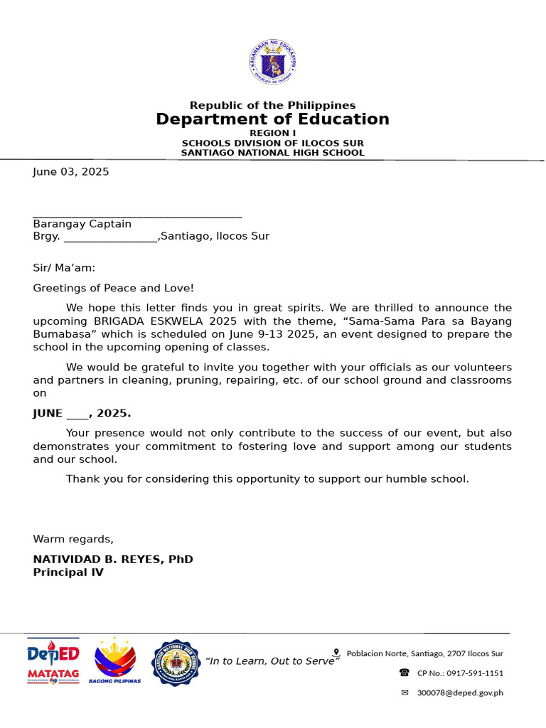 Brigada Eskwela Letter of Request To Partners Brgy Captains | PDF