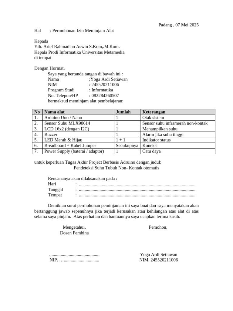 Surat Permohonan Peminjaman Alat PMat | PDF