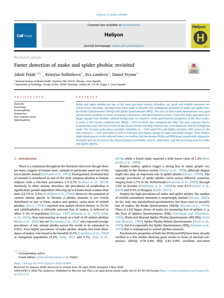 Quick Assessment of Snake and Spider Phobia | PDF | Phobia | Psychometrics