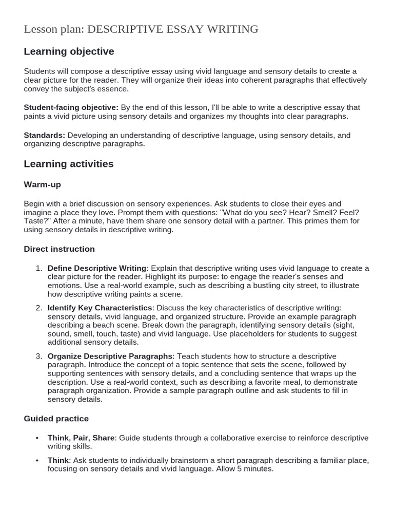 Descriptive Essay Writing Lesson Plan | PDF | Essays | Perception