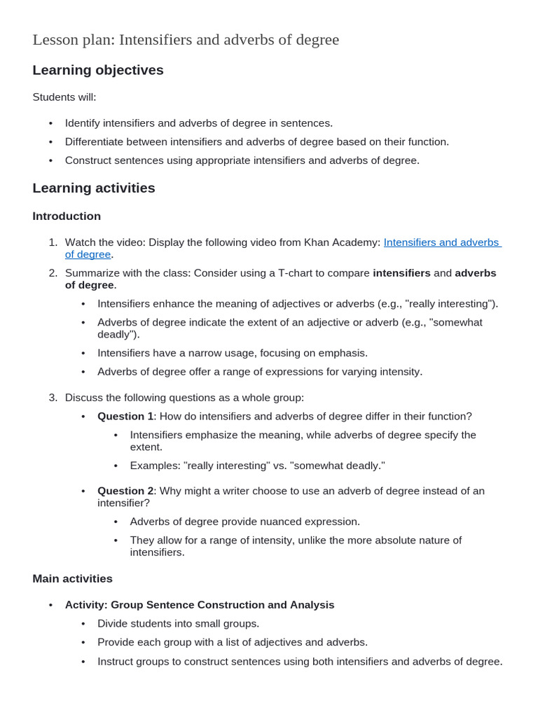 Lesson Plan - Intensifiers and Adverbs of Degree | PDF | Adverb | Adjective