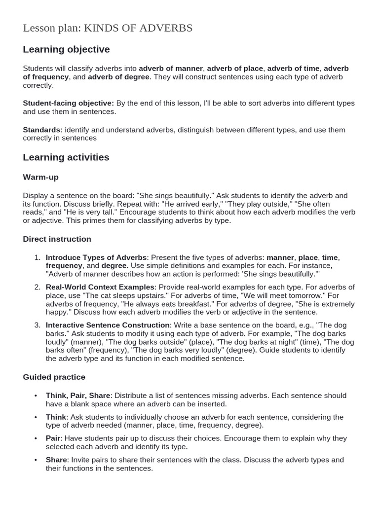Lesson Plan - Kinds of Adverbs | PDF | Adverb | Verb