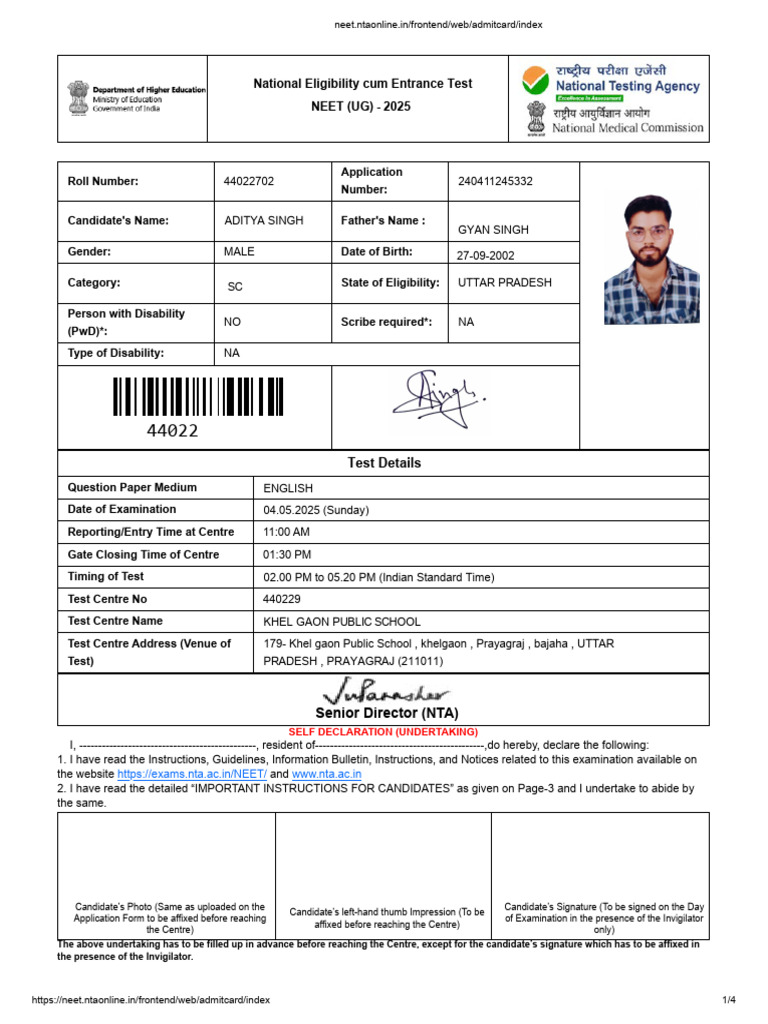 Aditya Neet 1. Admit Card | PDF | Identity Document
