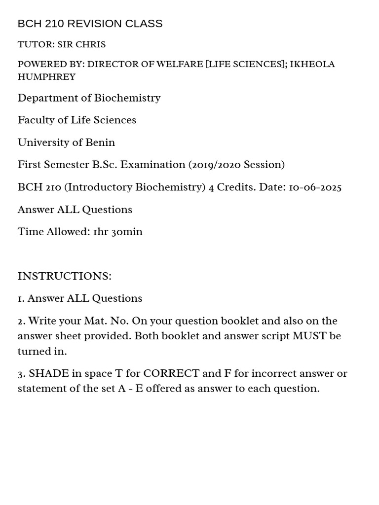 BCH 201 REVISION SEASON 1 | PDF | Amino Acid | Alpha Helix