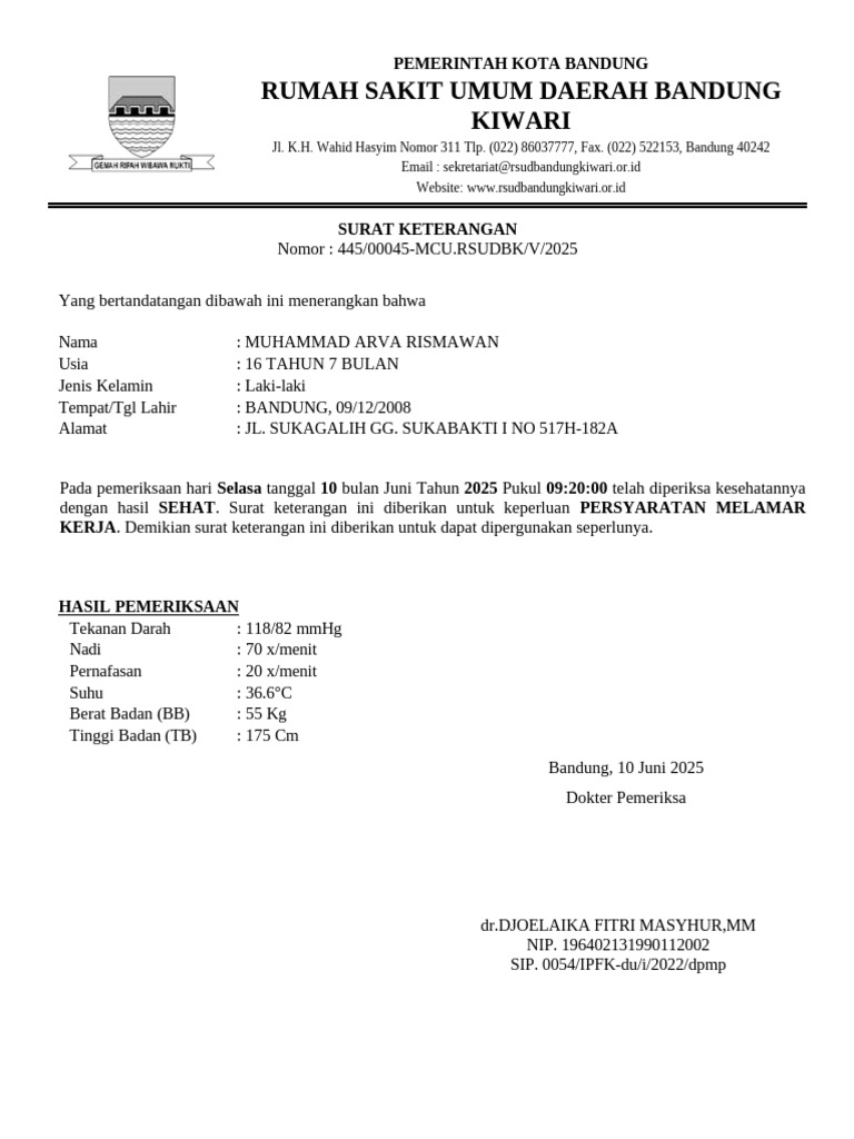 Cetak Surat Keterangansehat Muhammad Arva Rismawan | PDF