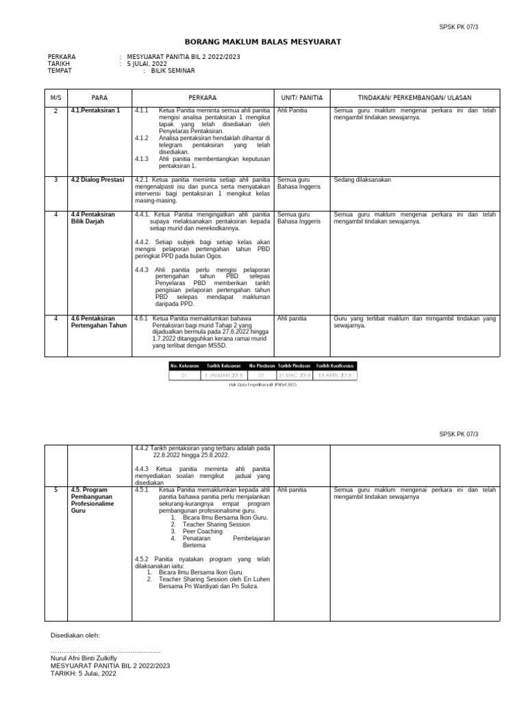 2022 Maklum Balas Mesyuarat Panitia Bi Bil 2 | PDF