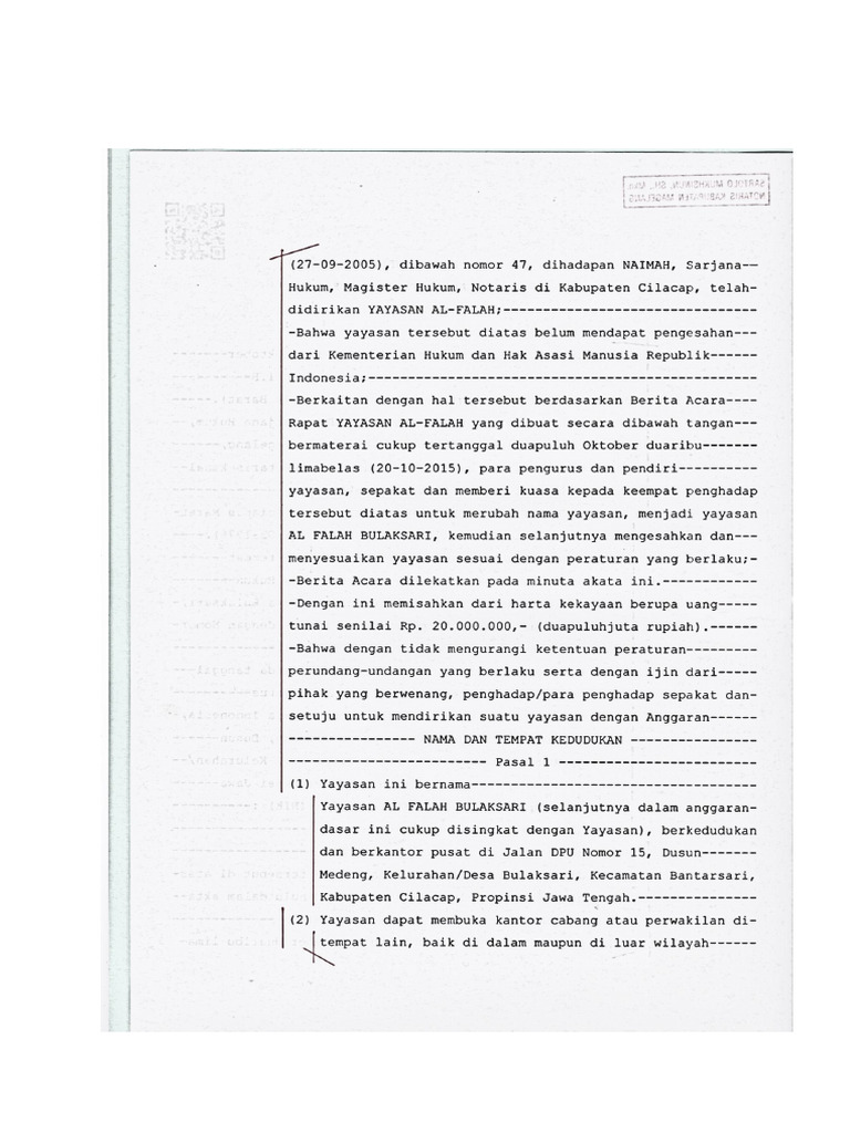 Akte Notaris Yayasan | PDF