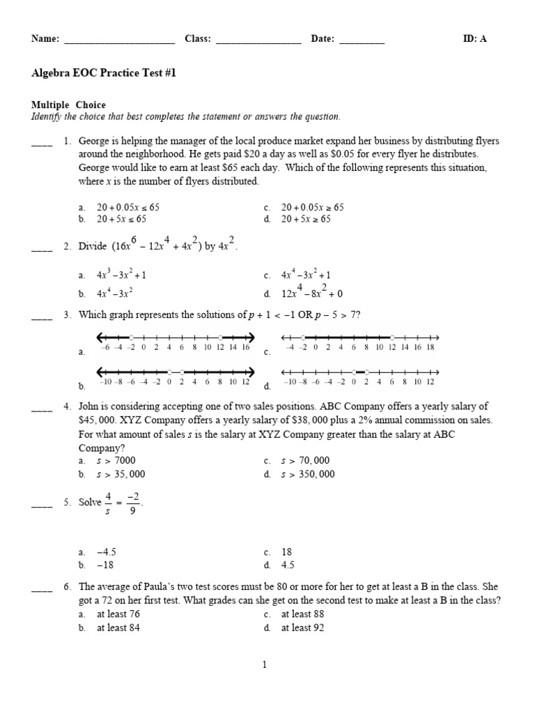 Algebra 1 Summer Prep Practice Test | PDF | Function (Mathematics ...