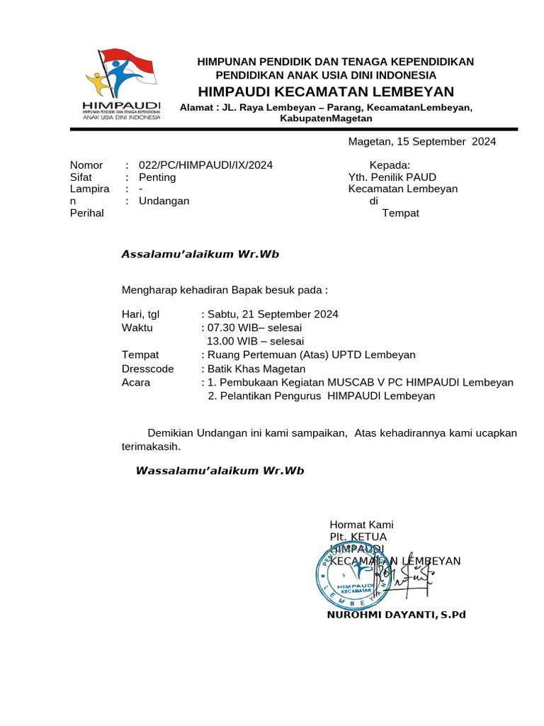 Undangan MUSCAB V HIMPAUDI Lembeyan | PDF
