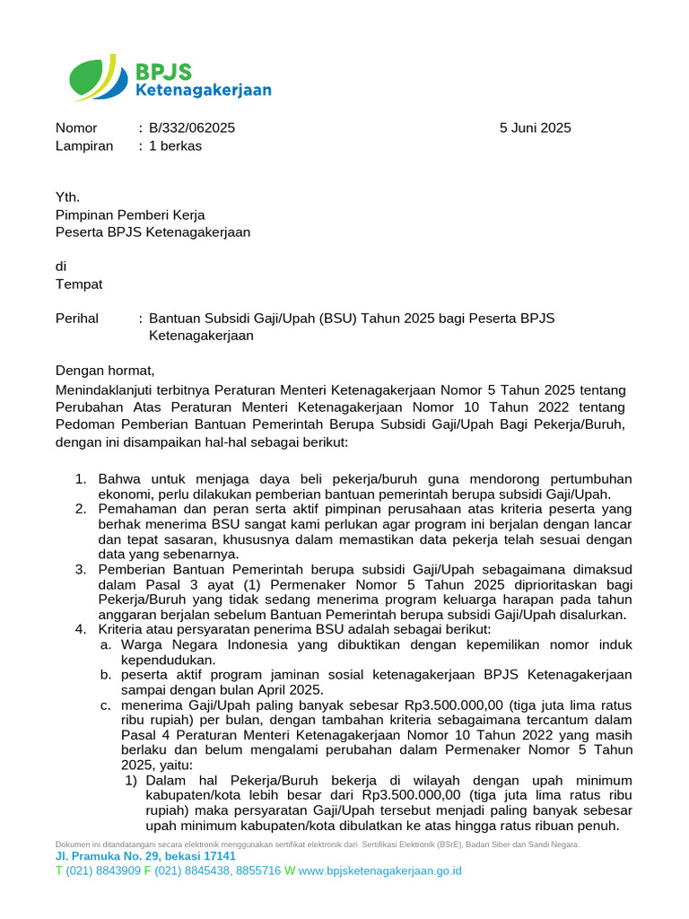 Surat Bantuan Subsidi Gaji Upah (BSU) Tahun 2025 Bagi Peserta BPJSTK | PDF