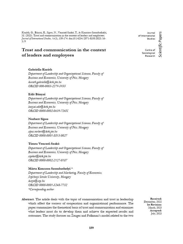 Trust and Communication in The Context of Leaders and Employees 2023 Centre of Sociological ...