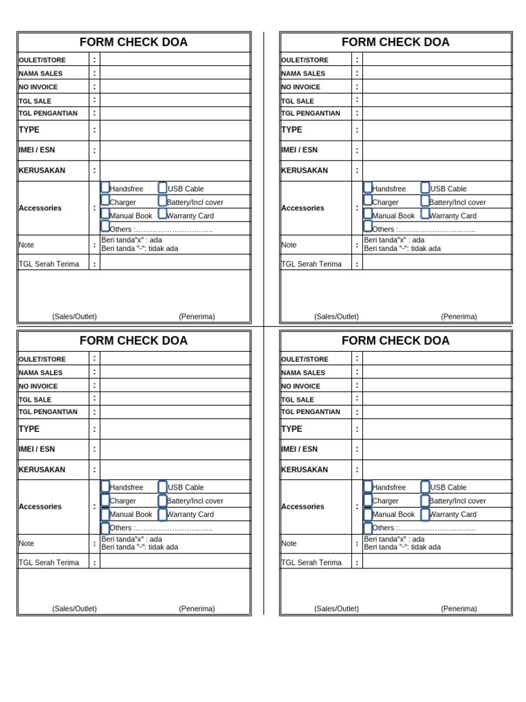Formulir Pemeriksaan DOA Produk | PDF