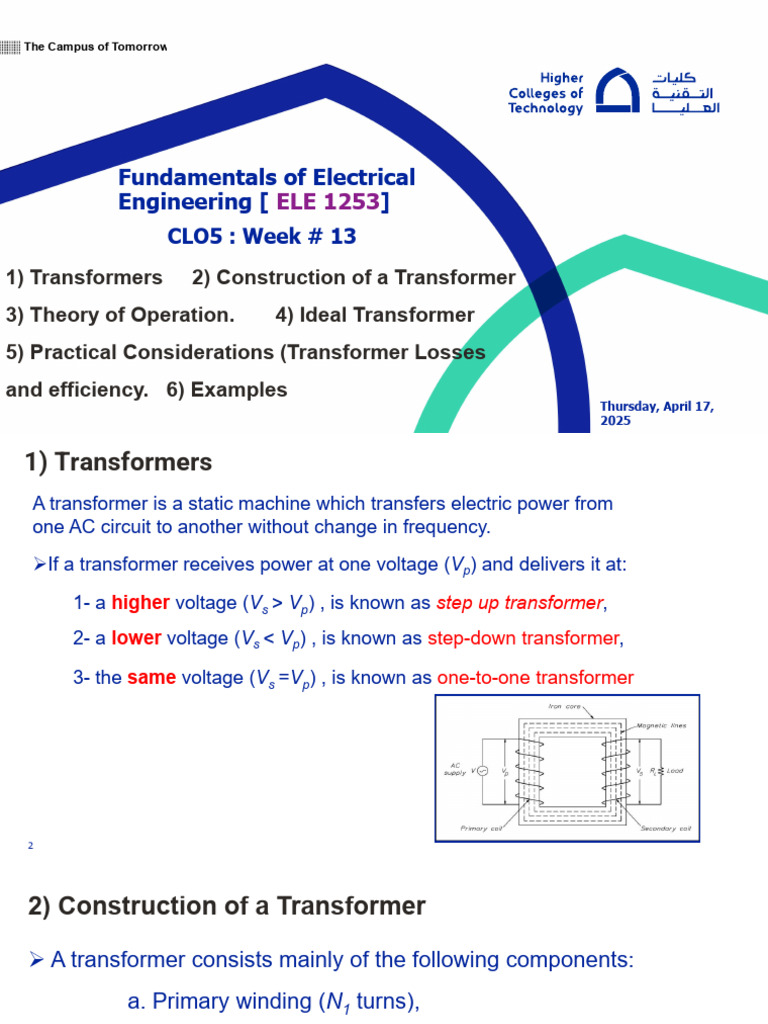 Ele 1253 Clo5 - Week#13 Ok v2 | PDF | Transformer | Alternating Current