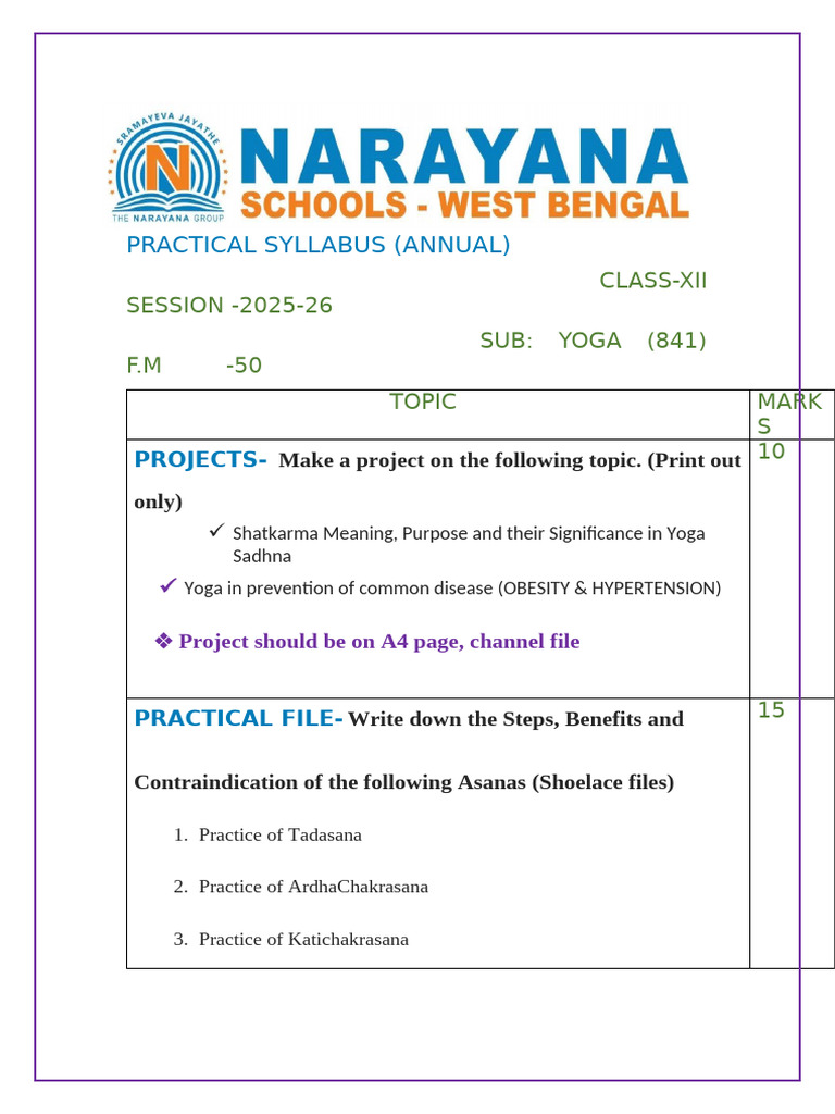 Yoga Xii Practical Syllabus 2025-26 | PDF