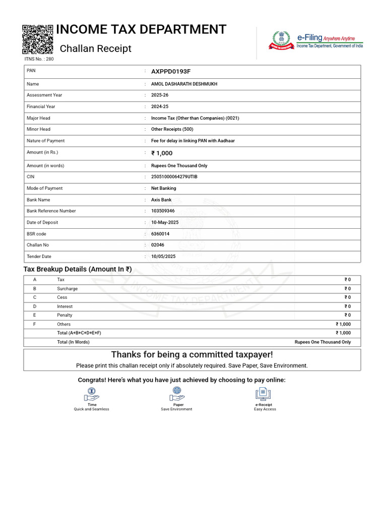 Axis Bank Challan for Income Tax Payment | PDF | Taxes | Taxation
