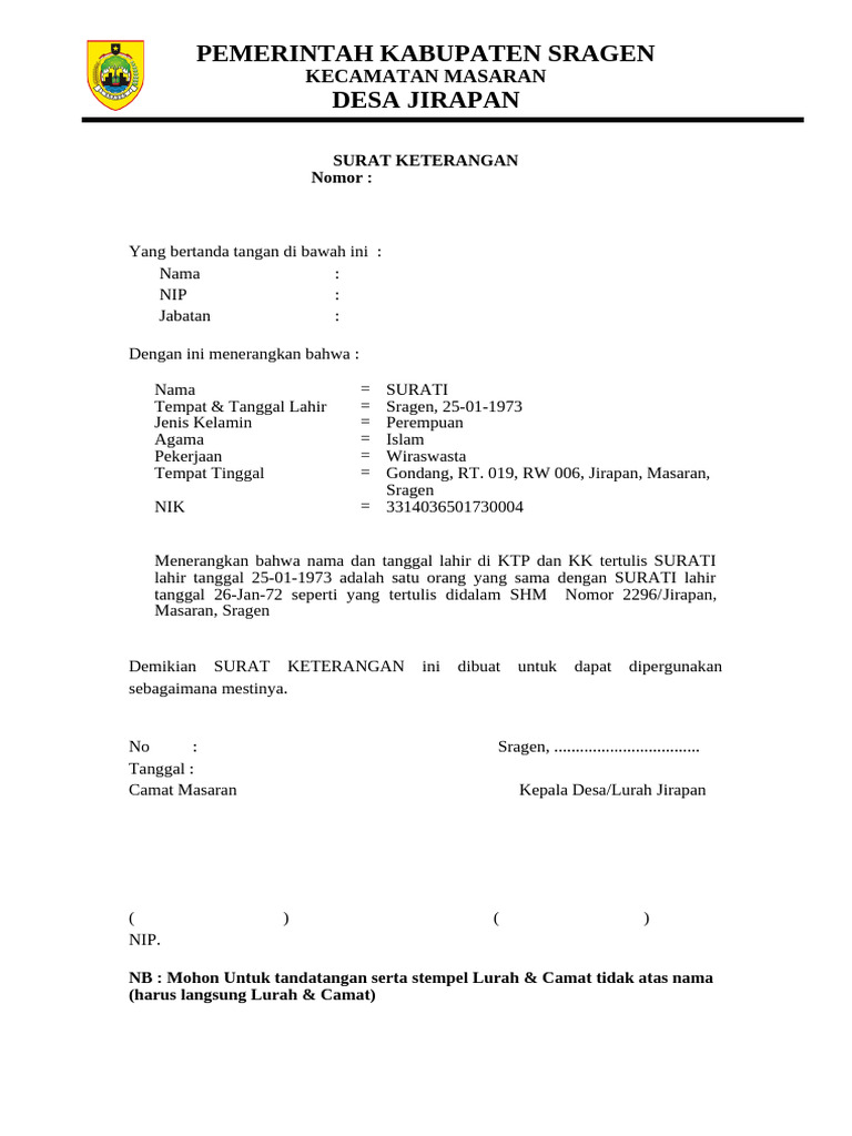 Draft Beda Nama Lurah & Camat - Surati | PDF