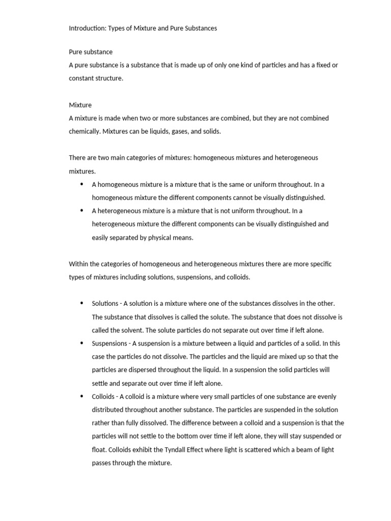 Lesson 1 - Introduction Types of Mixtures and Pure Substances | PDF