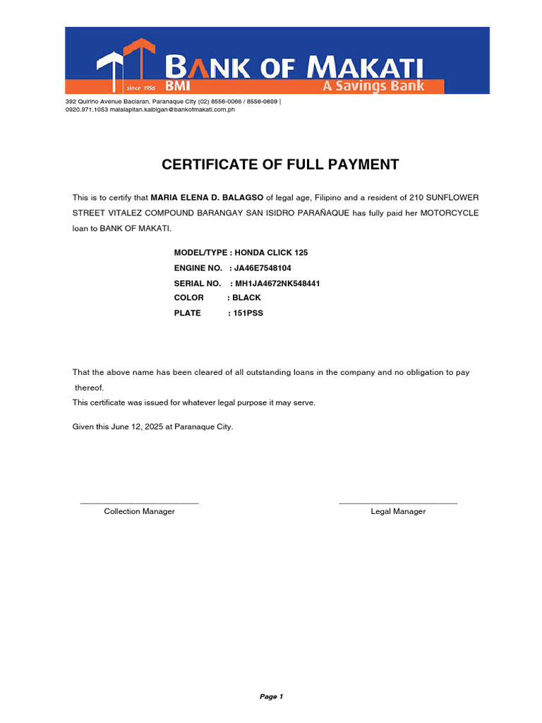 Certificate of Full Payment for Motorcycle | PDF