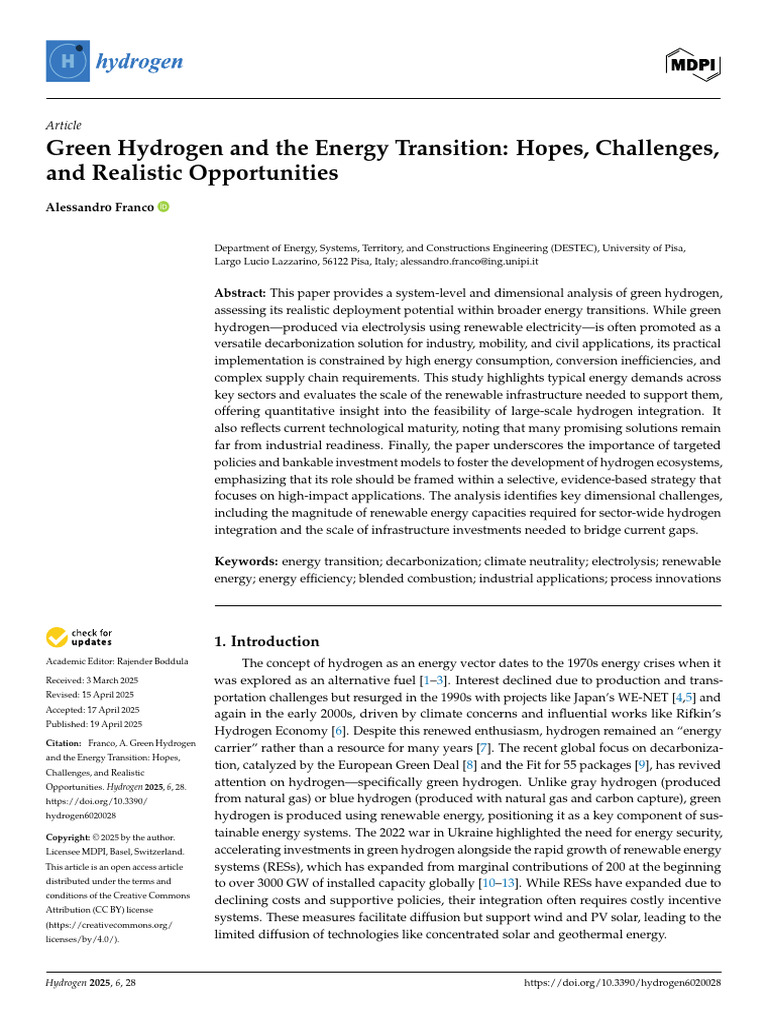 10 - Green Hydrogen and The Energy Transition Hopes Challenges and Realistic Opportunities | PDF ...