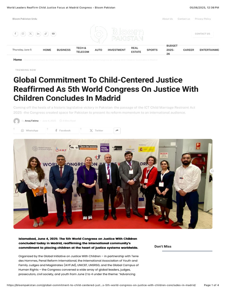 World Leaders Reaffirm Child Justice Focus at Madrid Congress - Bloom Pakistan | PDF | Pakistan
