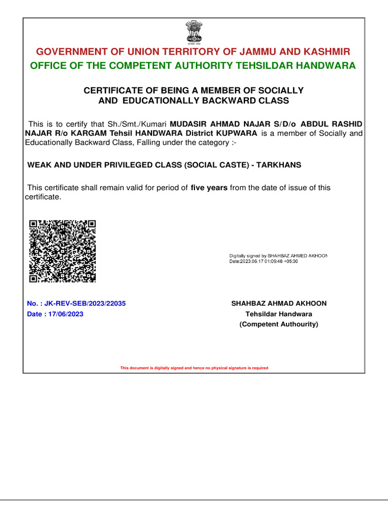 Akhoon Caste Backward Class Certificate | PDF