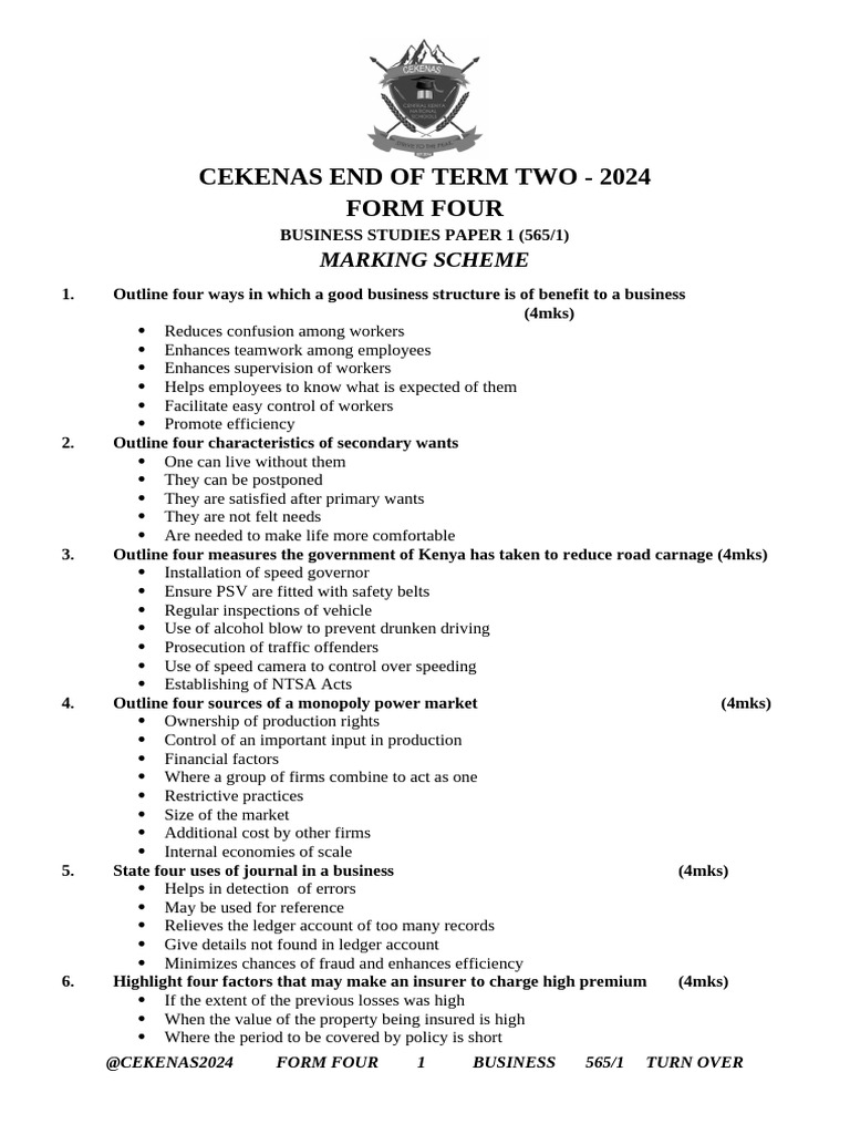 Business Studies Paper 1 Marking Scheme | PDF | Credit | Finance ...