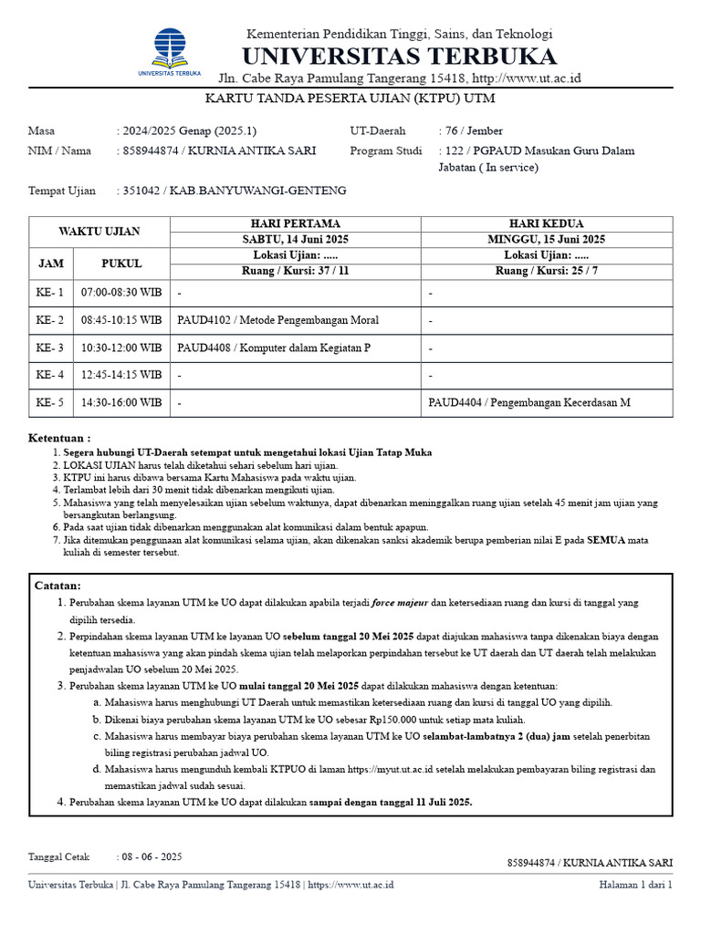 Kartu Ujian TMK | PDF