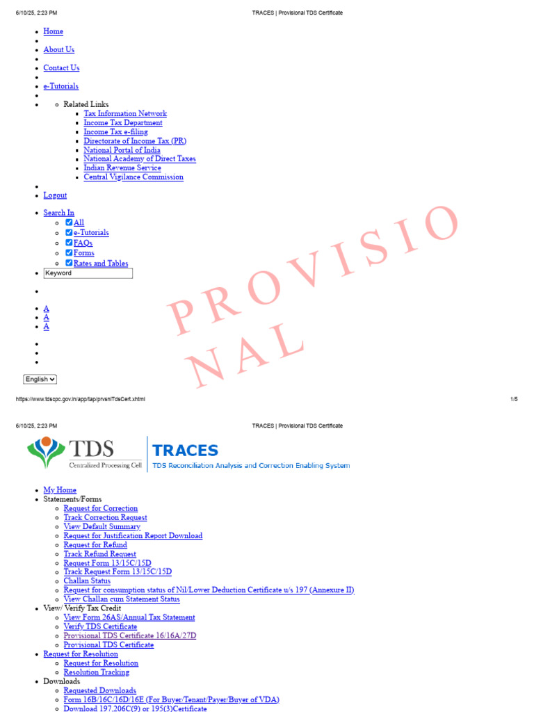 TRACES - Provisional TDS Certificate | PDF | Government Finances | Taxes