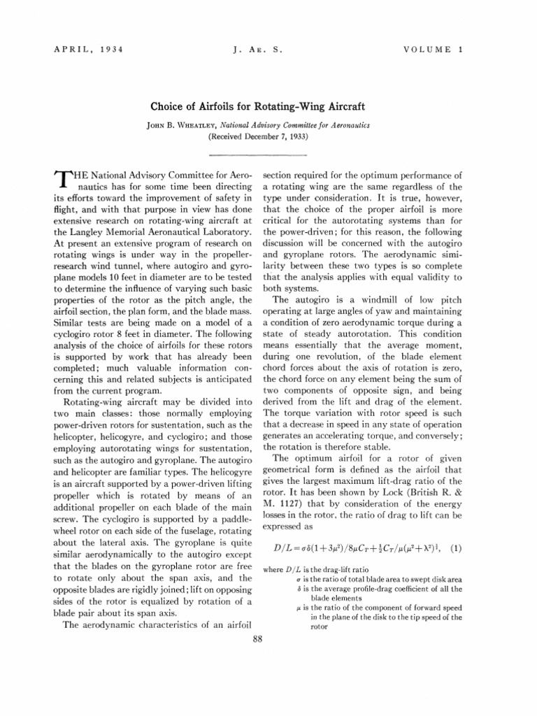 Choice of Airfoils For Rotating-Wing Aircraft WHEATLEY (1934) | PDF ...