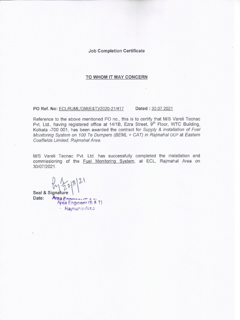 Job Complition Certificate of FMS | PDF