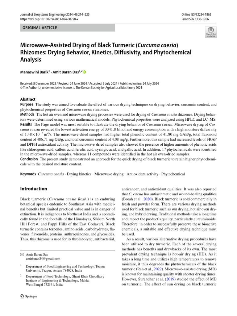 Microwave-Assisted Drying of Black Turmeric (Curcuma Caesia) Rhizomes ...