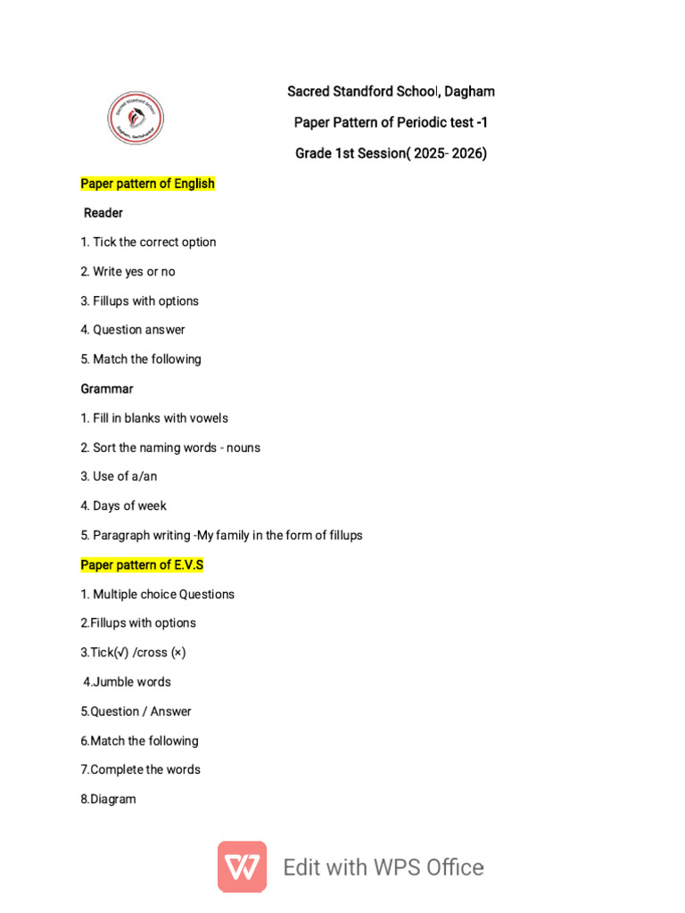 PT - 1 Paper Pattern of Grade 1st | PDF