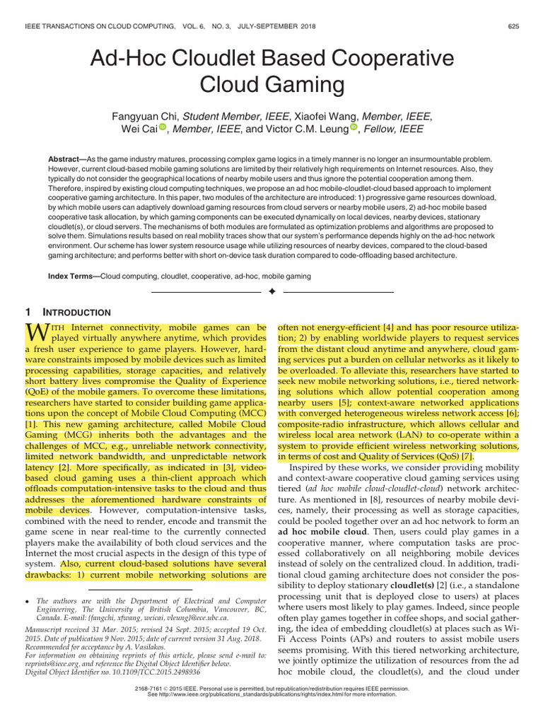 Ad-Hoc Cloudlet Based Cooperative Cloud Gaming | PDF | Cloud Computing | Computer Network