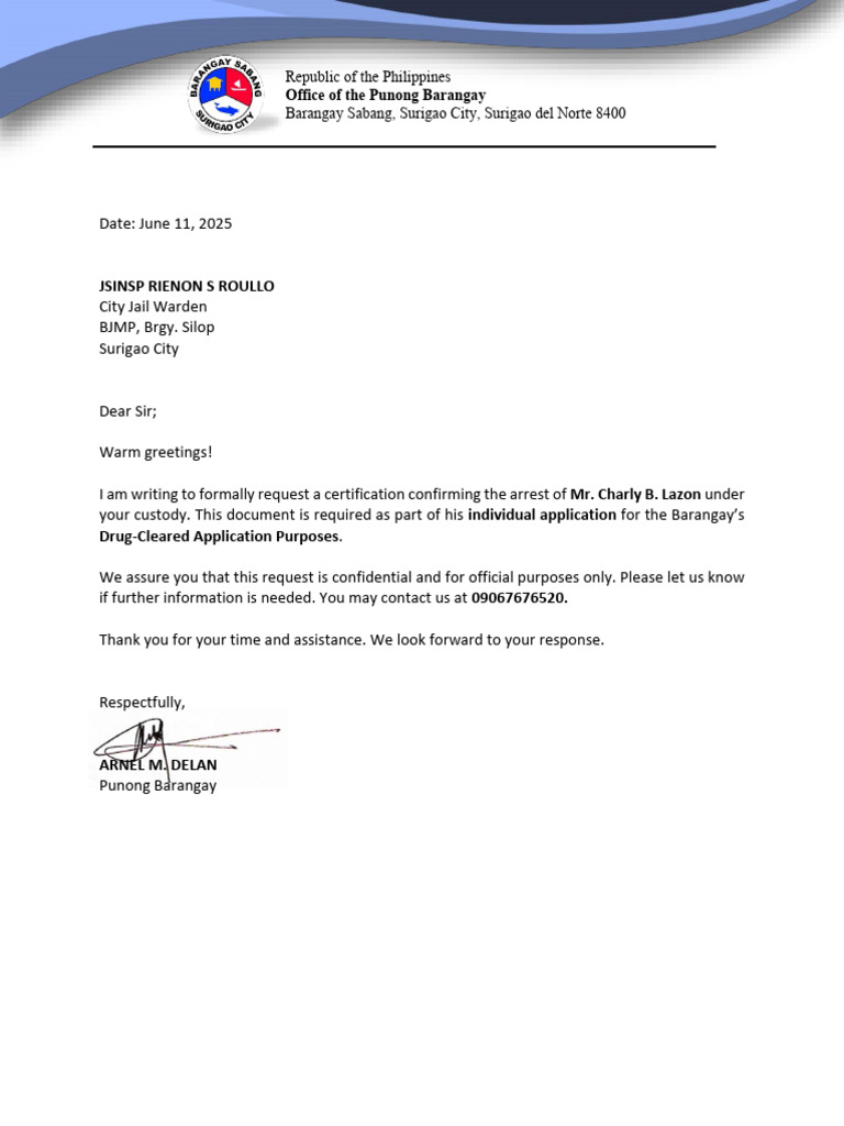 BJMP Certification Request Letter | PDF