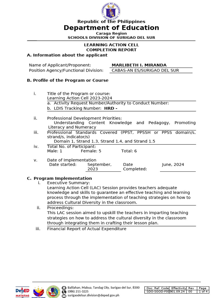 Lac Completion Report Sy2!23!2024 Cabes | PDF | Teachers | Human ...